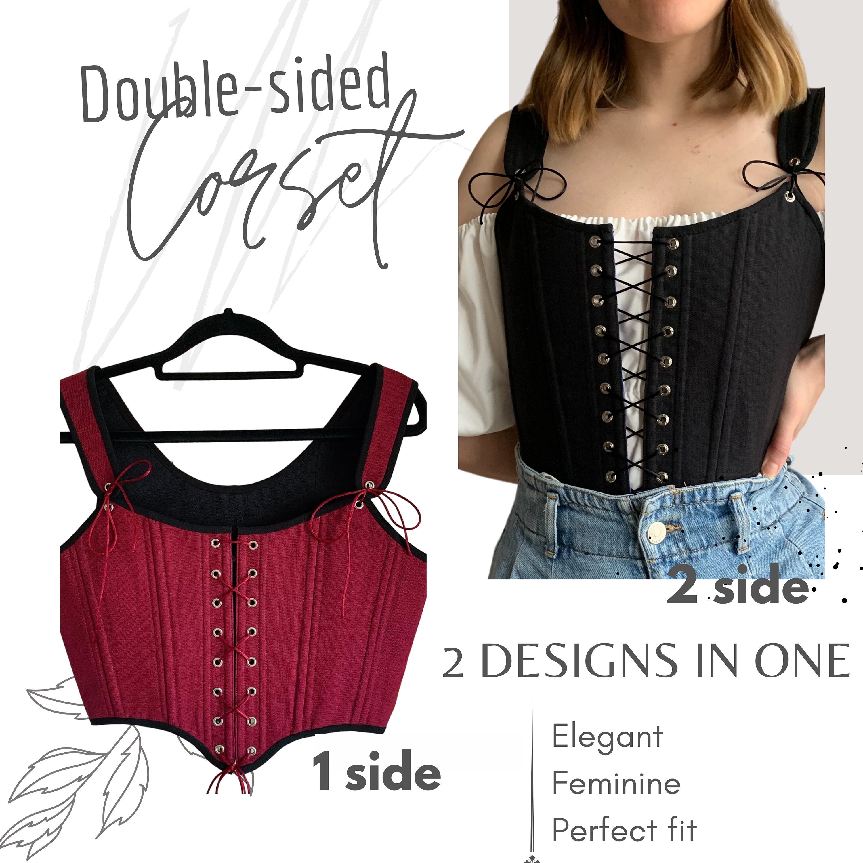 Reversible Linen Overbust Corset, Black & Red Corset, Renaissance ...