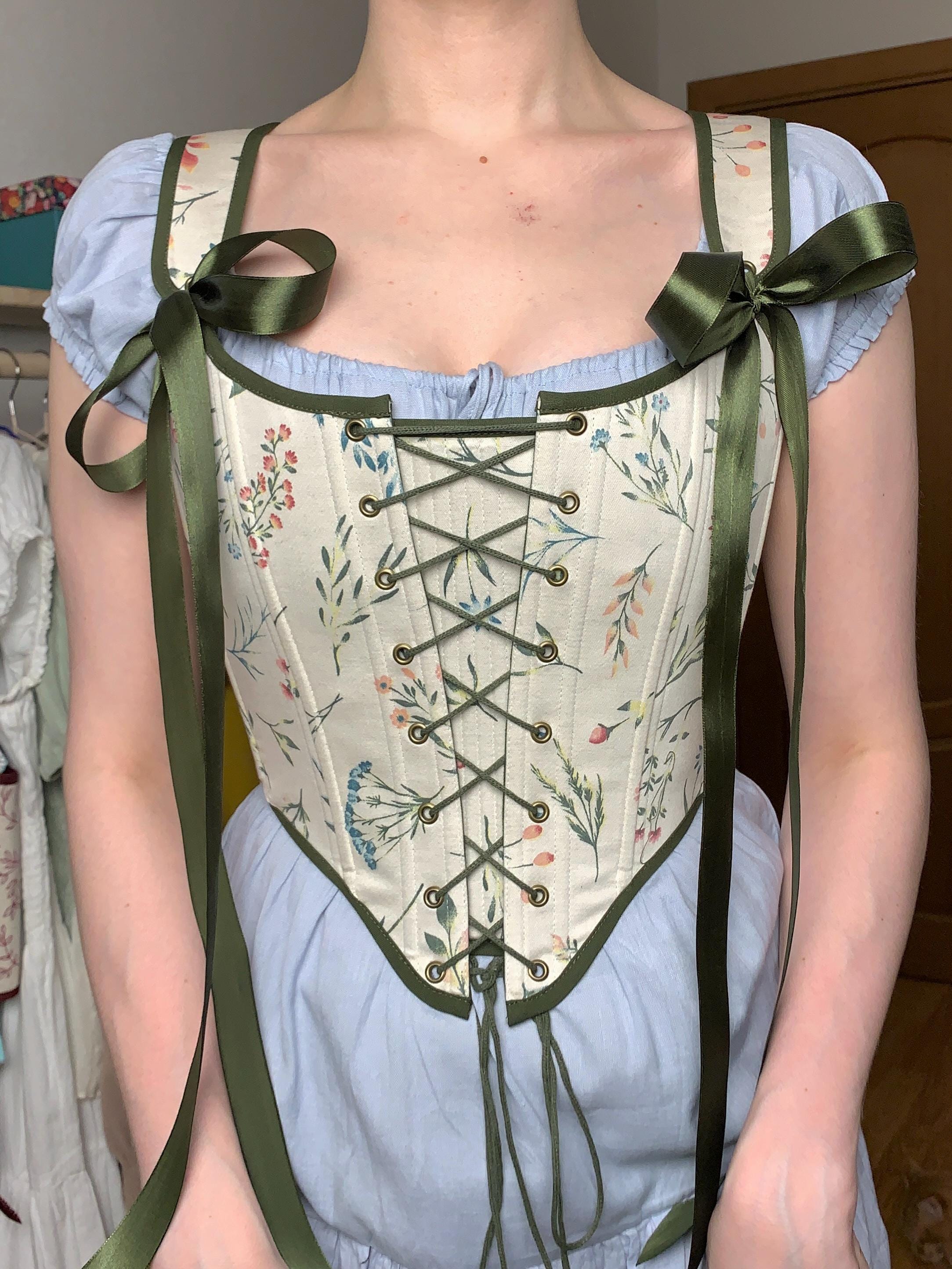 Reversible Botanical Floral Beige Overbust Corset, Green Front Lacing ...