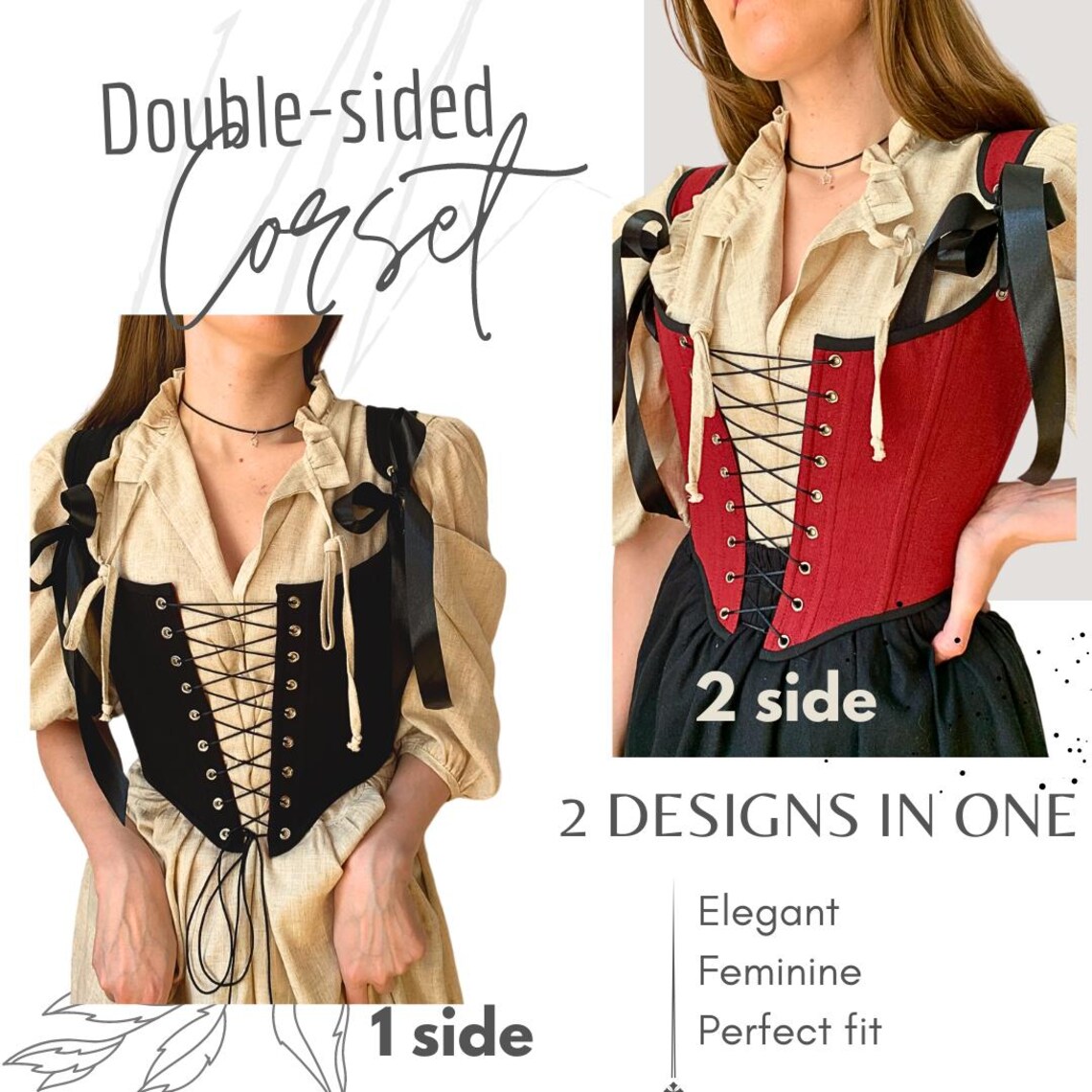 Black & Red Overbust Victorian Stays, Reversible Linen Corset ...