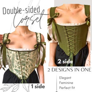 Reversible Botanical Floral Print Corset With Panel, Green Front Lacing ...