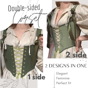 Reversible Renaissance Rococo Stays, Linen Overbust Corset, Green Front ...