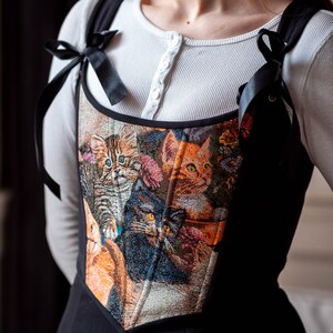 Black Tapestry Corset With Charming Cats, Cute Corset Top, Overbust ...