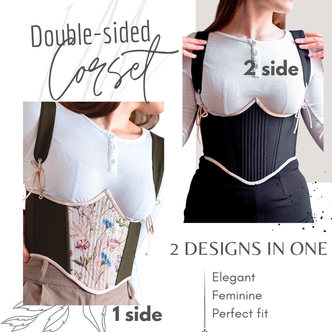 Reversible Underbust Corset Belt With Wildflowers, Soft Cotton Corset ...