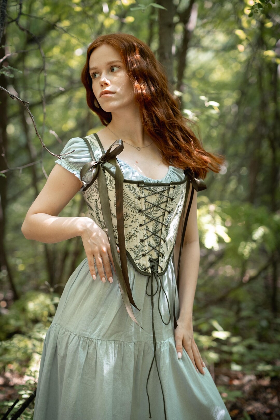 Reversible Green Floral Overbust Corset | Botanical Front Lacing Corset ...