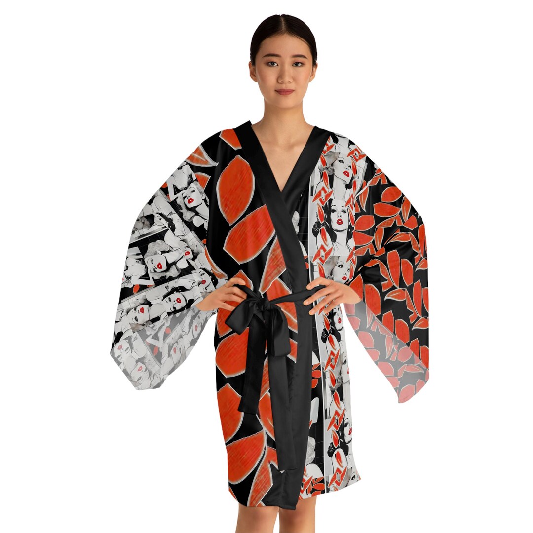 Vintage Pinup Girl Kimono Robe, Retro Chinese Long Robe, Silky Lounge ...