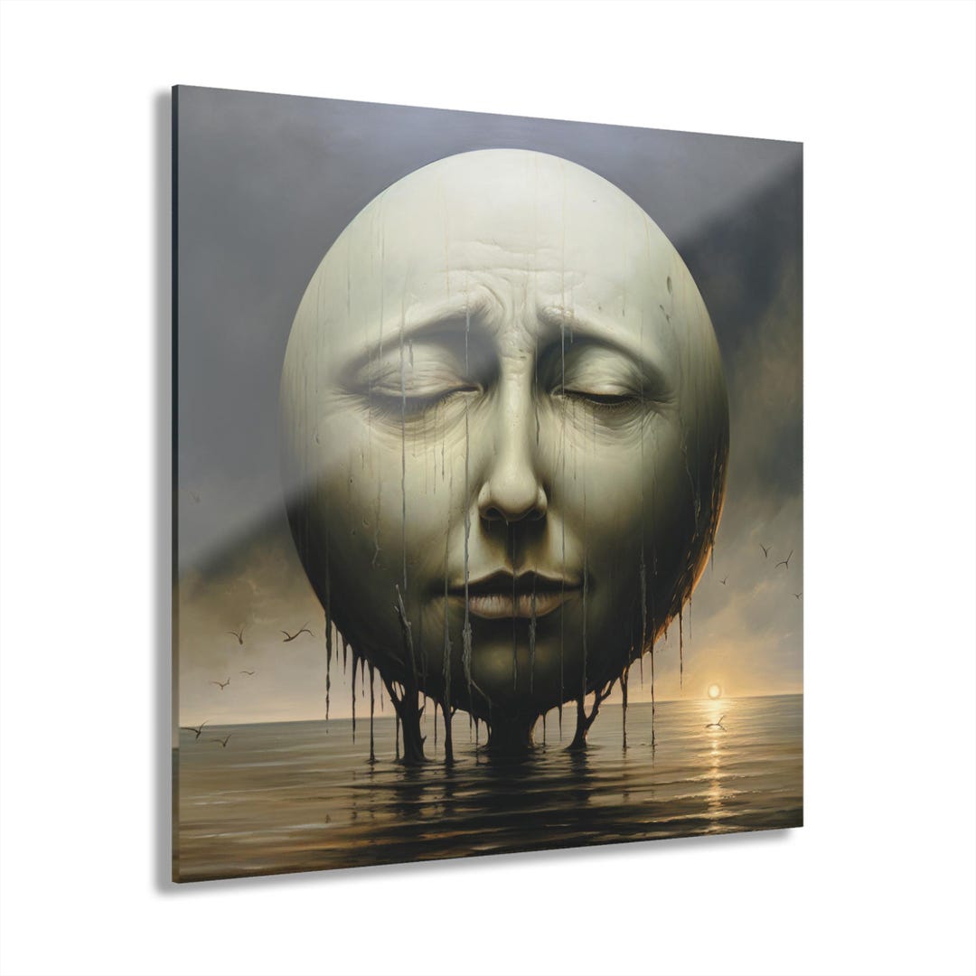 Acrylic Print, Surreal Moon Art, French Cleat Hanging, Sad Moon Face ...