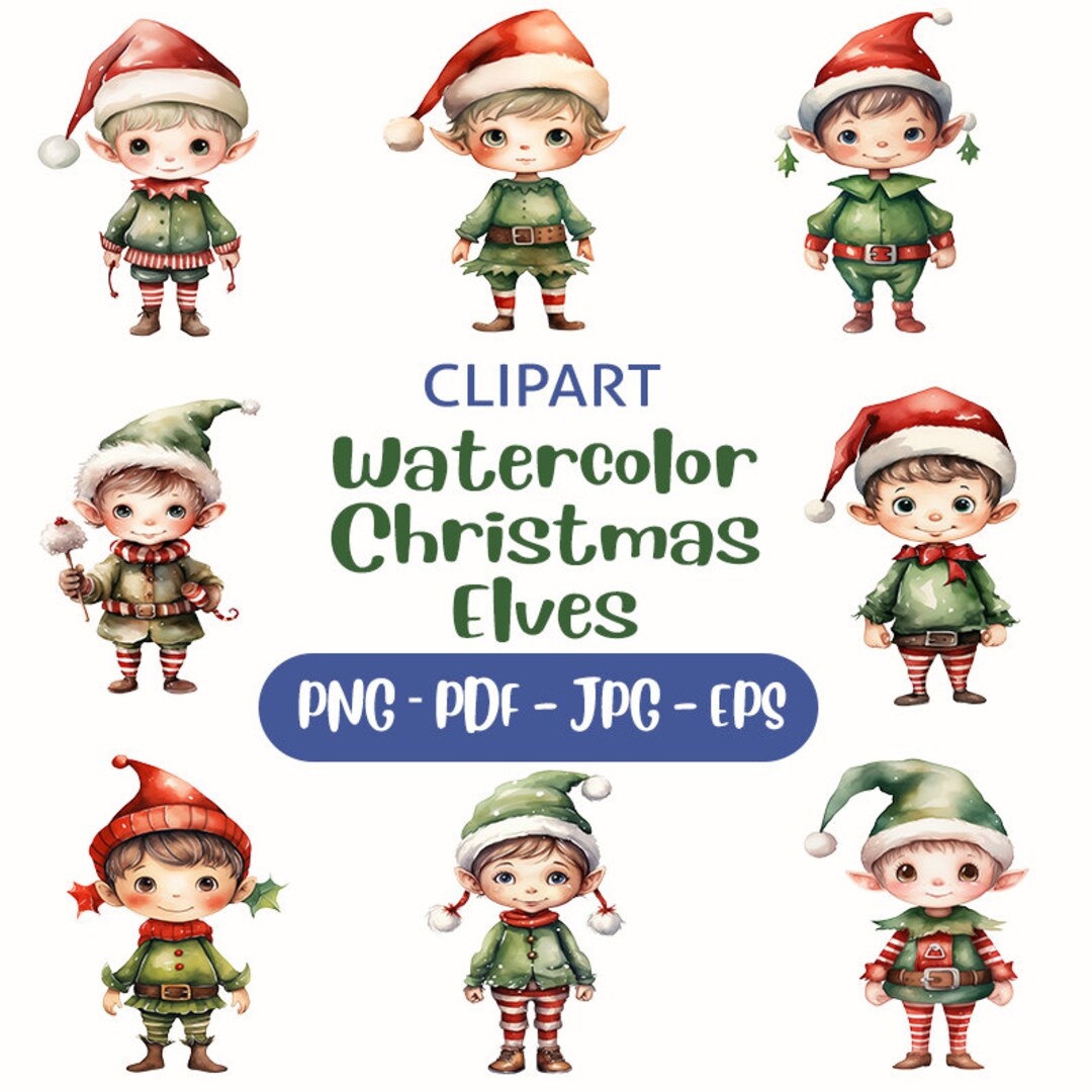 Christmas Elves Watercolor Clipart Bundle 10 PNG Elf Images, Instant ...