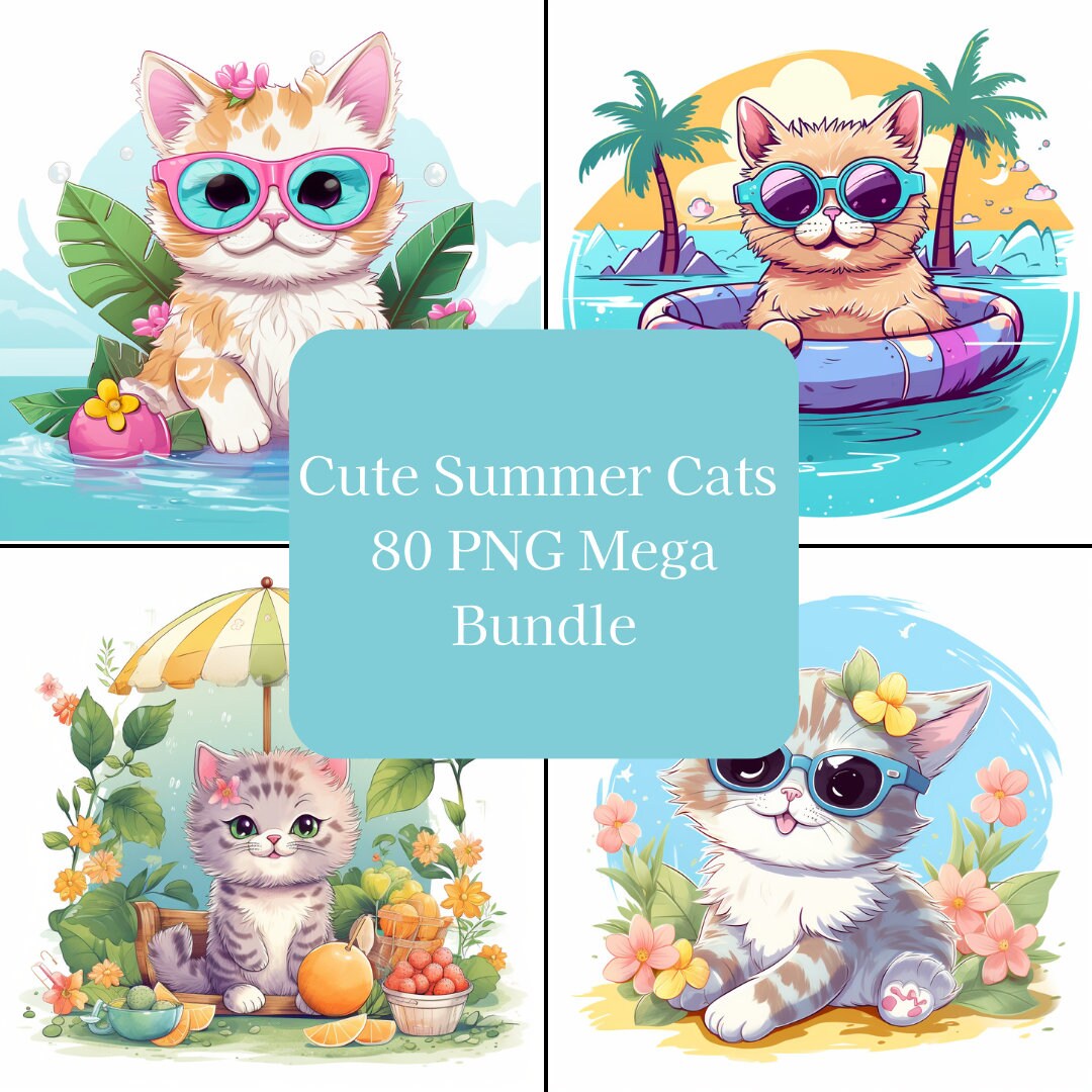Cats Cute Summer Clip Art Kawaii Kittens Mega Bundle Funny - Etsy