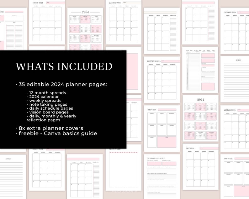 2024 Planner Template in Pink With Extra Covers, Easy to Edit Canva ...