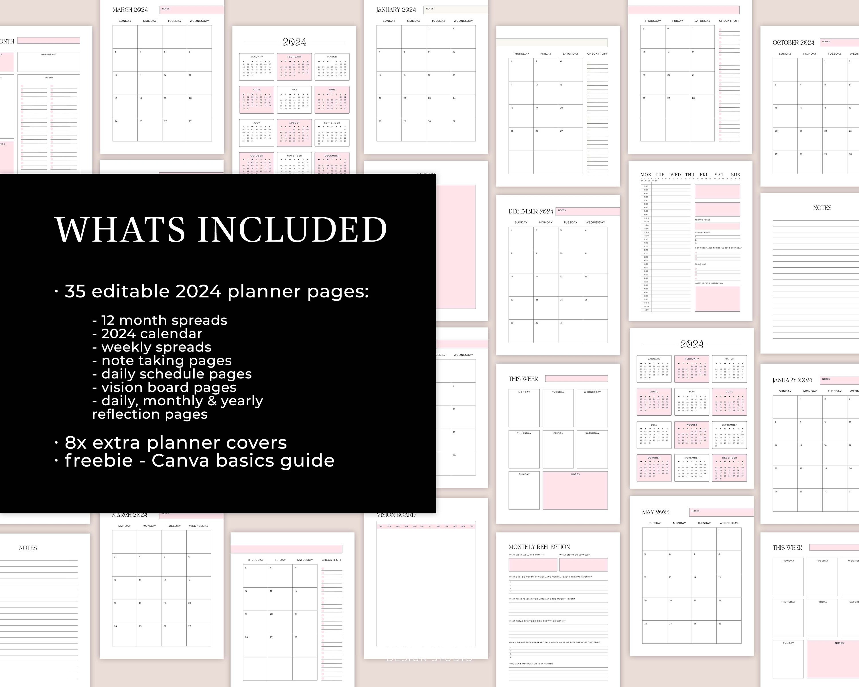 2024 Planner Template in Pink With Extra Covers, Easy to Edit Canva ...