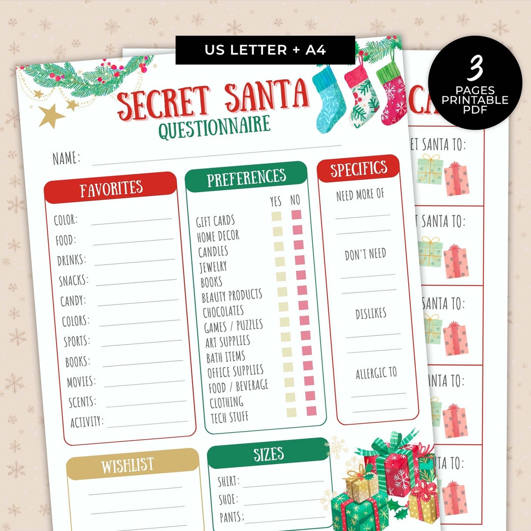 Secret Santa Questionnaire – Printable Wish List, Gift Exchange (PDF ...