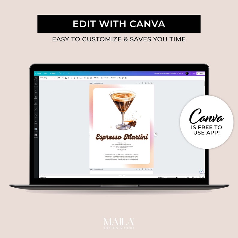 Cocktail Recipe Cards - Easy to Edit Canva Templates - Editable ...