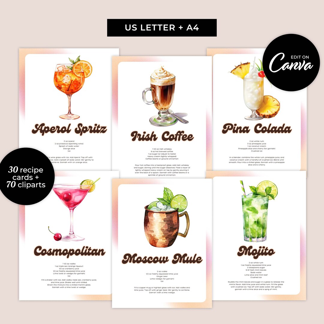 Cocktail Recipe Cards - Easy to Edit Canva Templates - Editable ...