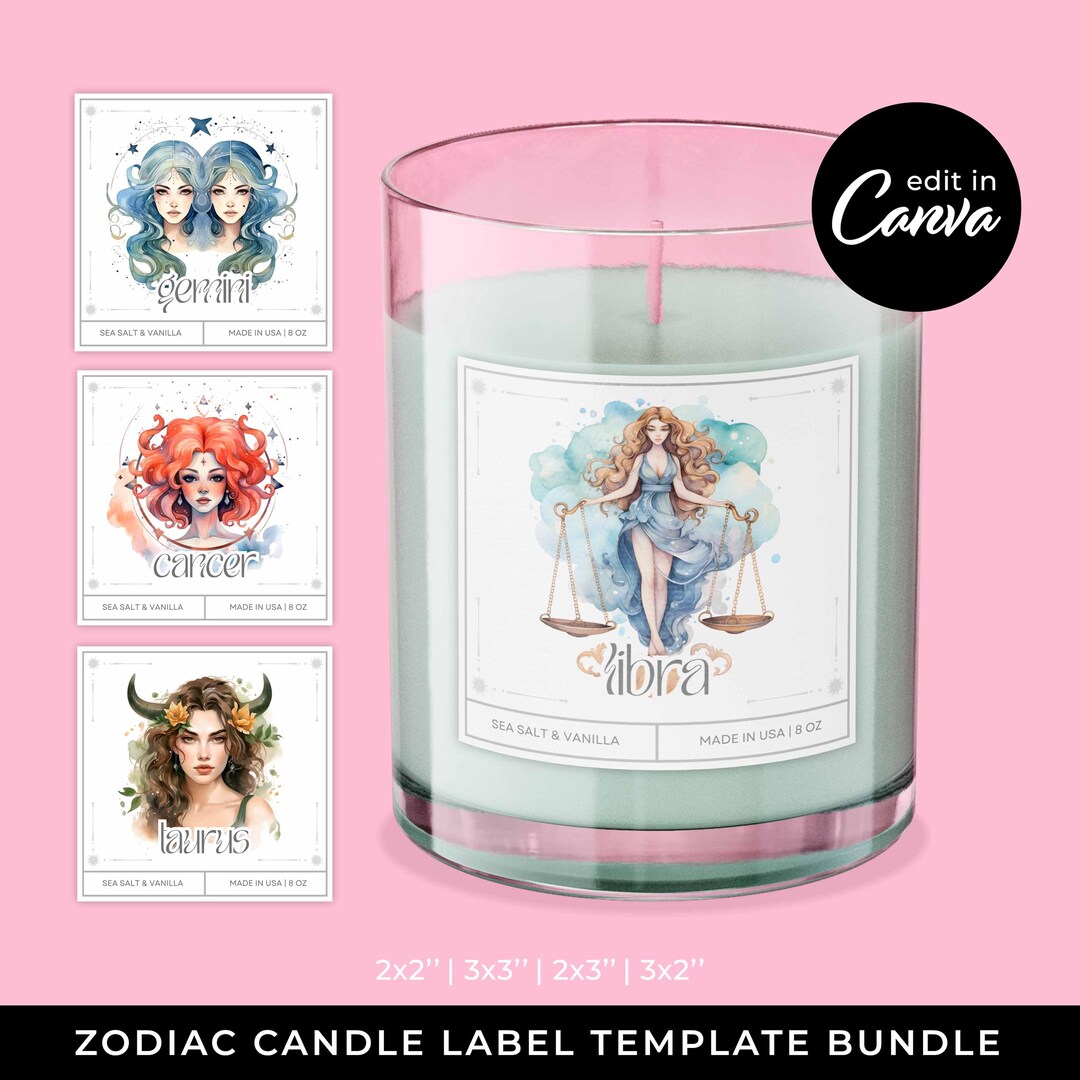 Watercolor Zodiac Candle Label Template Bundle, Easy to Edit Canva ...