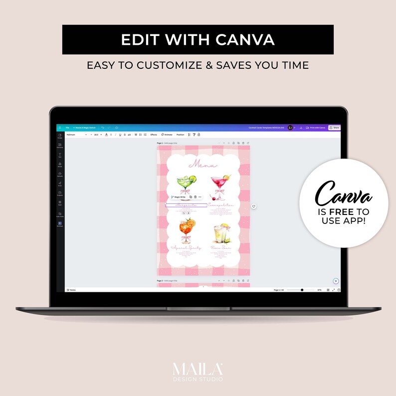 Girly Cocktail Recipe Cards Easy to Edit Canva Templates Editable ...
