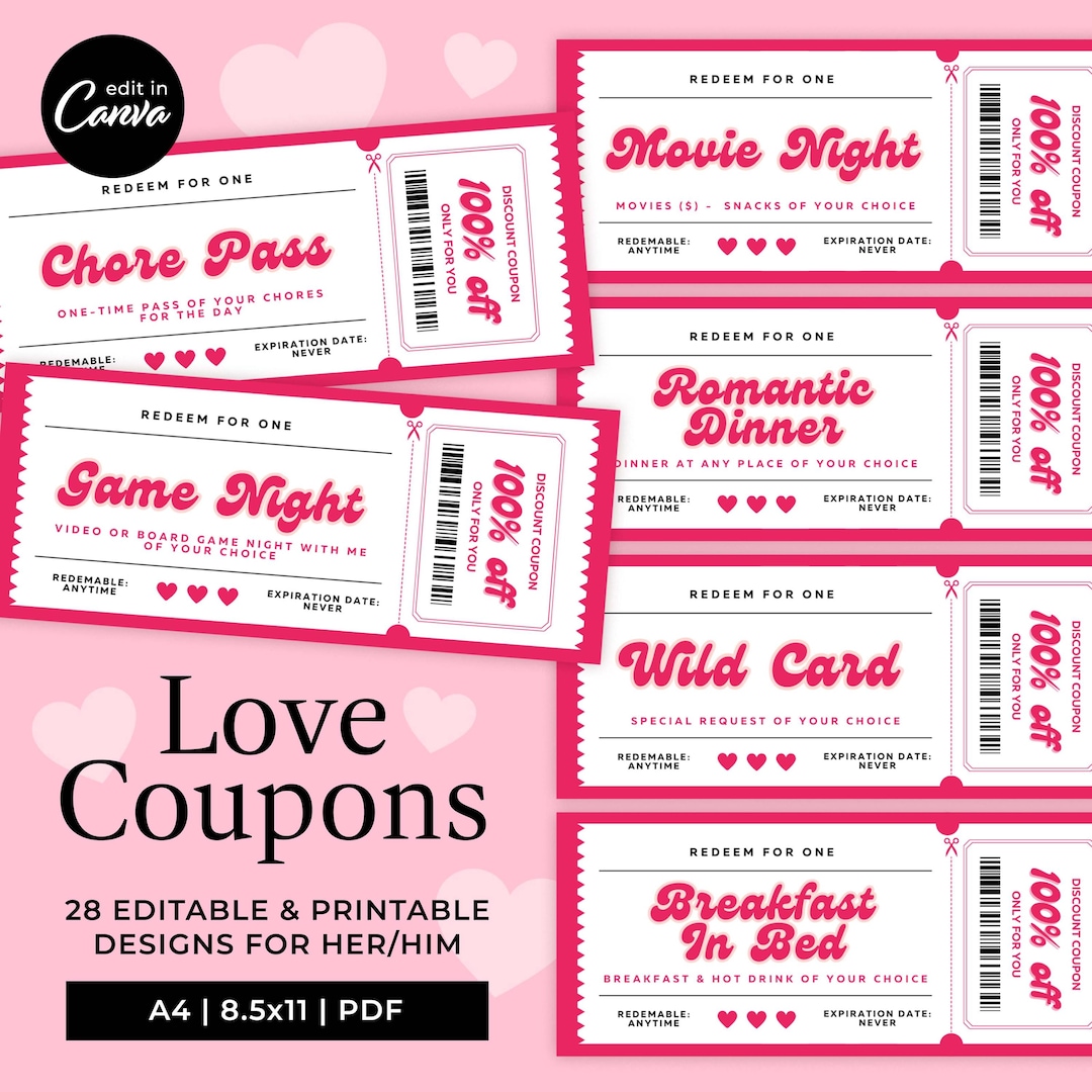 Printable Love Coupons Book for Her for Him, Customizable Easy to Edit ...
