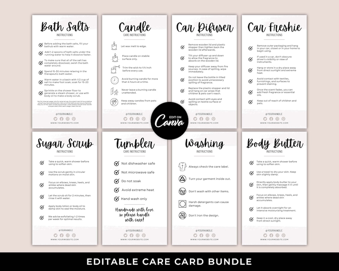 Care Instruction Card Bundle - Easy to Edit Canva Template - DIY 2x3.5 ...