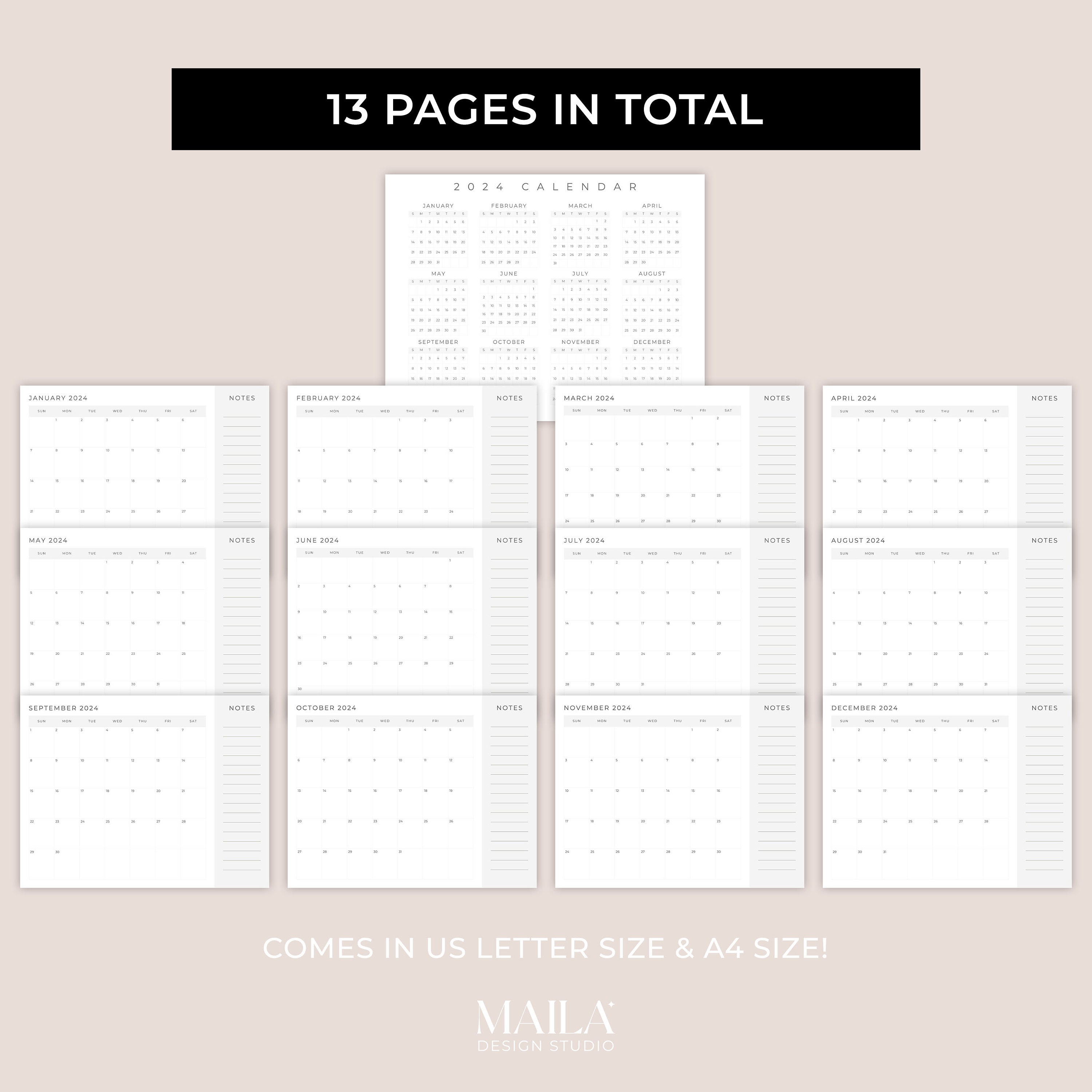 Printable Minimalistic 2024 Calendar Instant Download Monday and Sunday ...