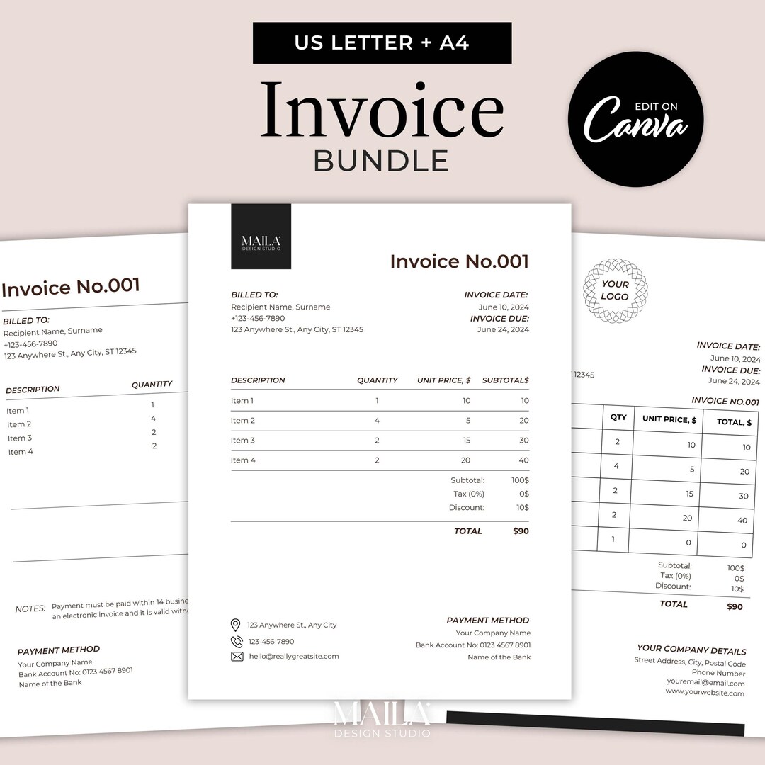 Clean Modern Invoice Template - Easy to Edit Canva Templates - Editable ...