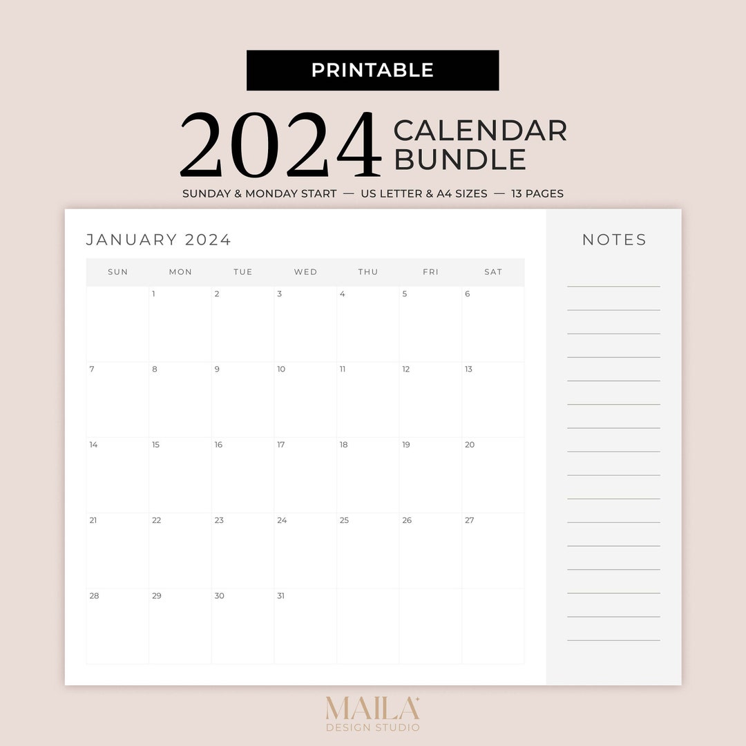 Printable Minimalistic 2024 Calendar Instant Download Monday and Sunday ...