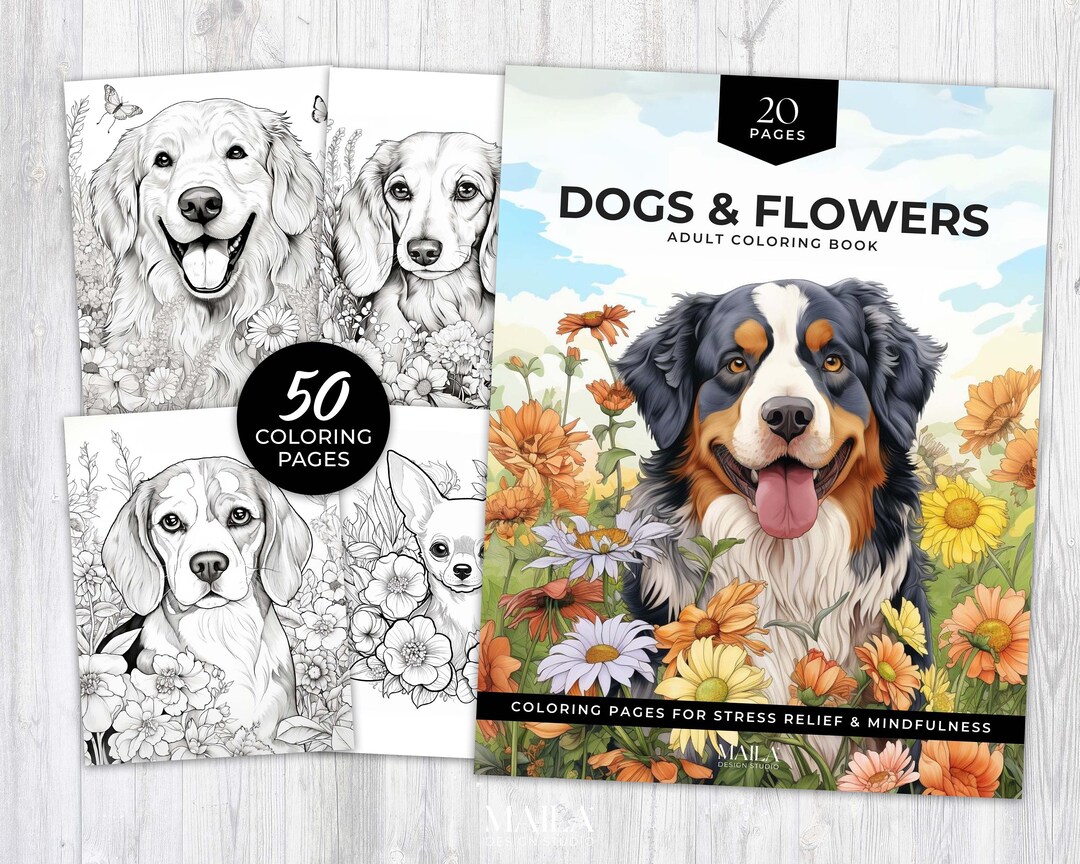Dogs and Flowers Coloring Book, Coloring Pages for Adults, Coloring ...