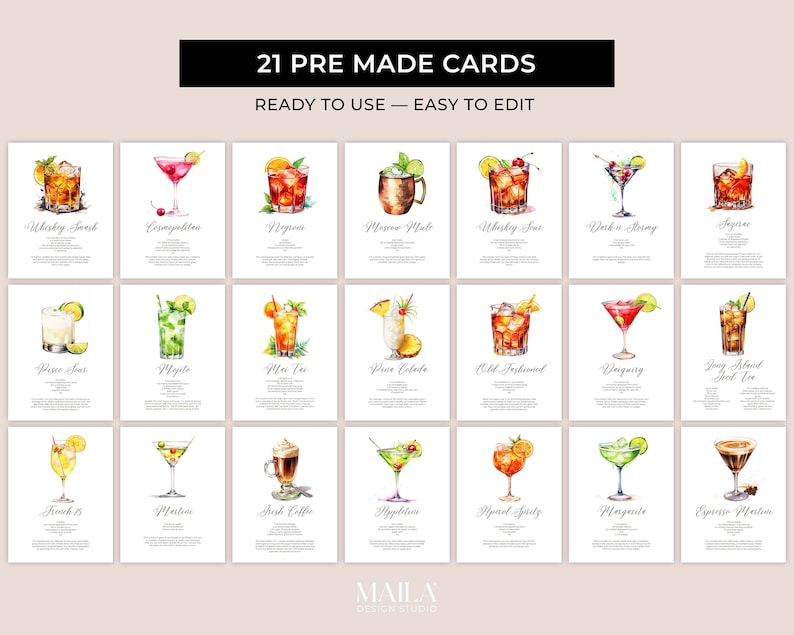 Cocktail Recipe Cards - Easy to Edit Canva Templates - Editable ...