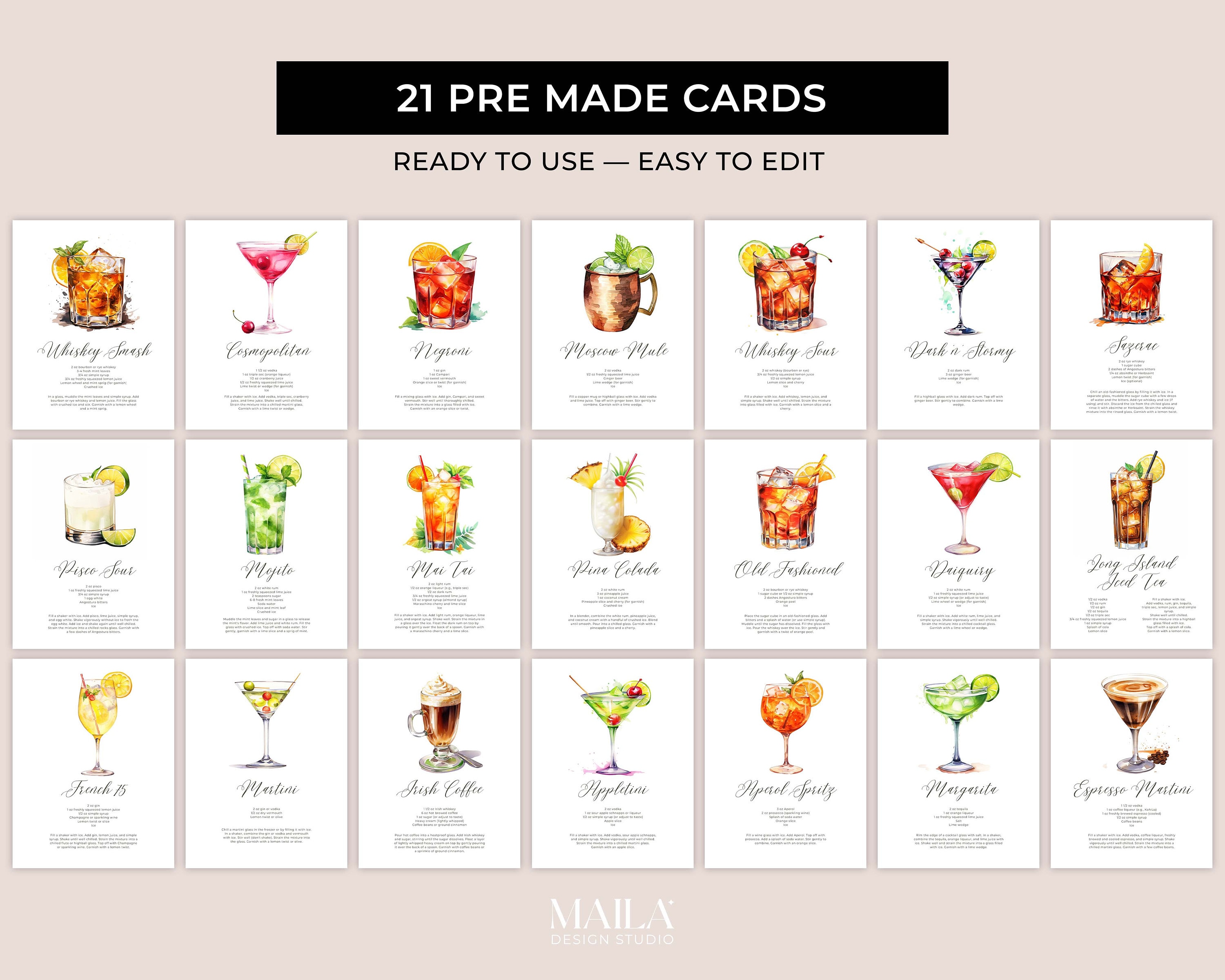 Cocktail Recipe Cards Easy to Edit Canva Templates - Etsy Australia