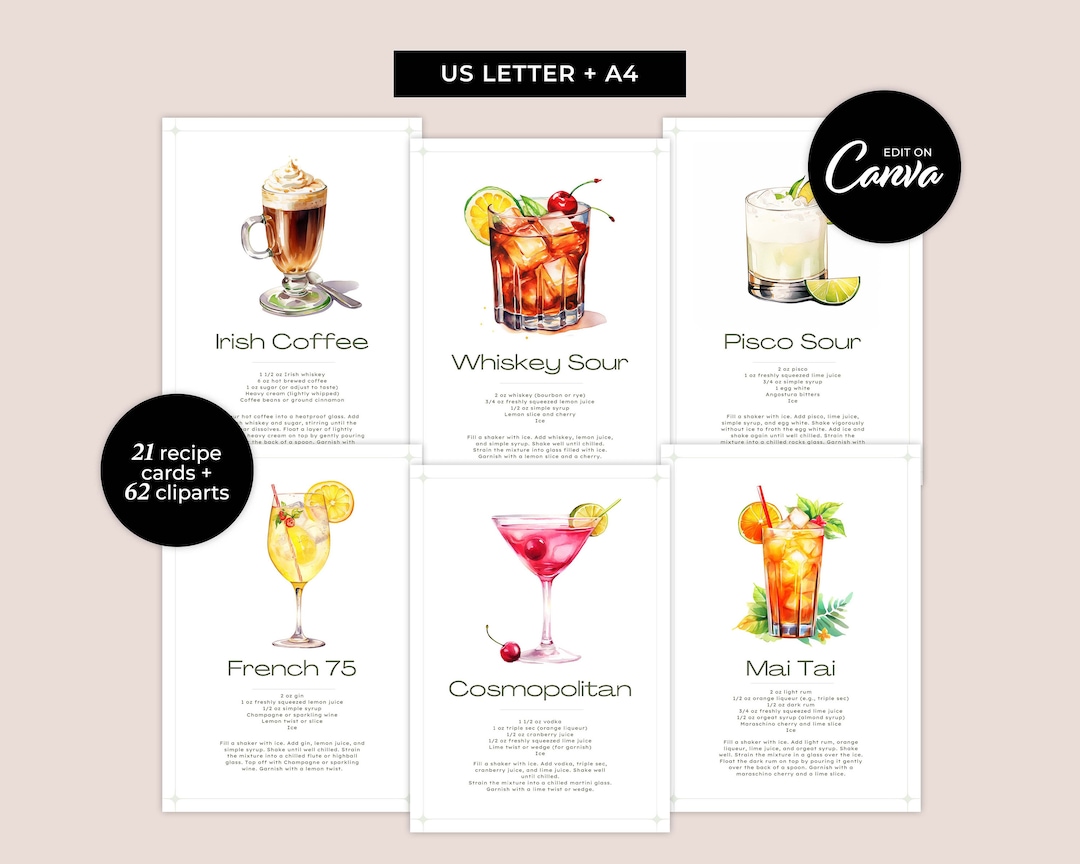 Cocktail Recipe Cards - Easy to Edit Canva Templates - Editable ...