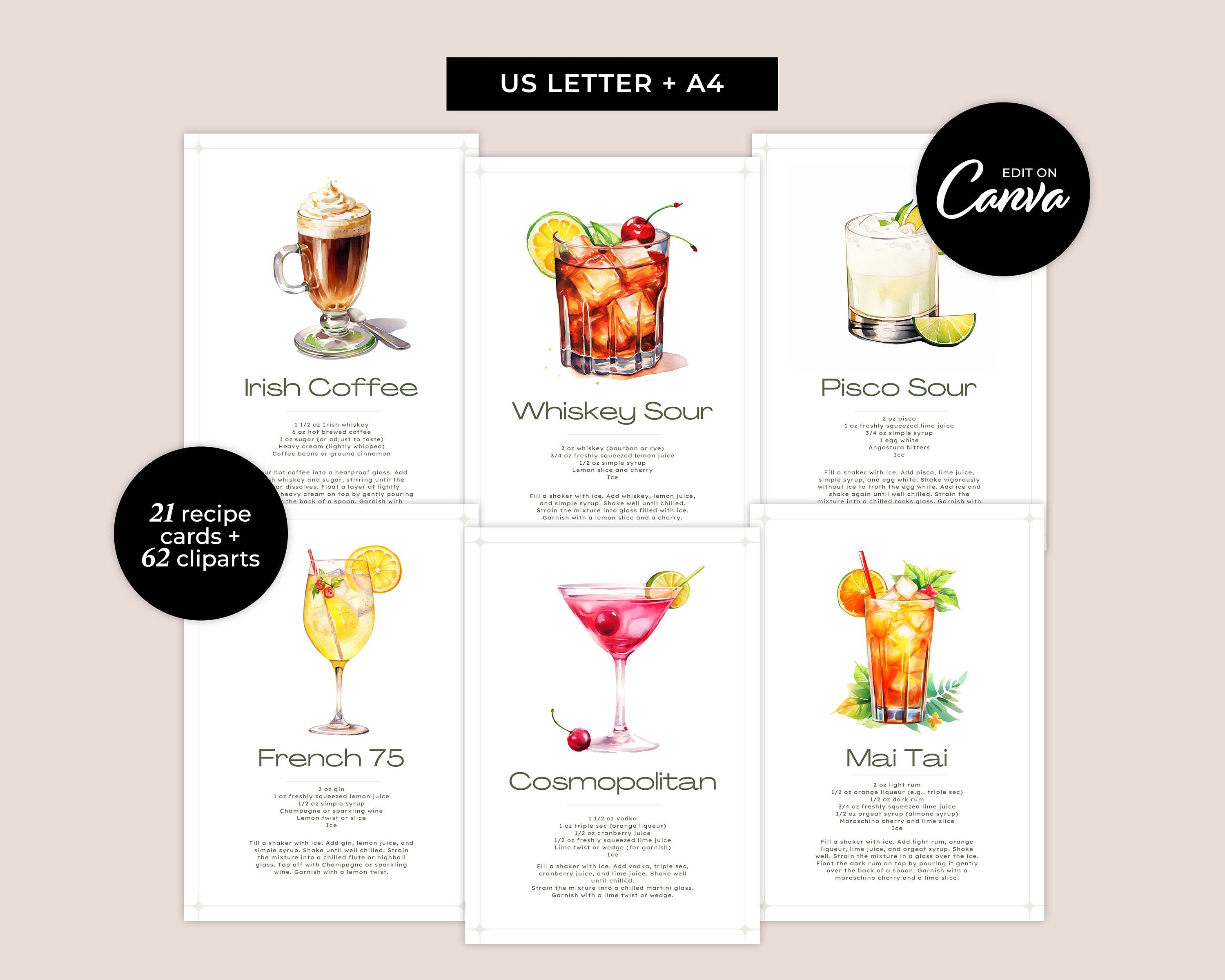 Cocktail Recipe Cards Easy to Edit Canva Templates Editable Printable ...