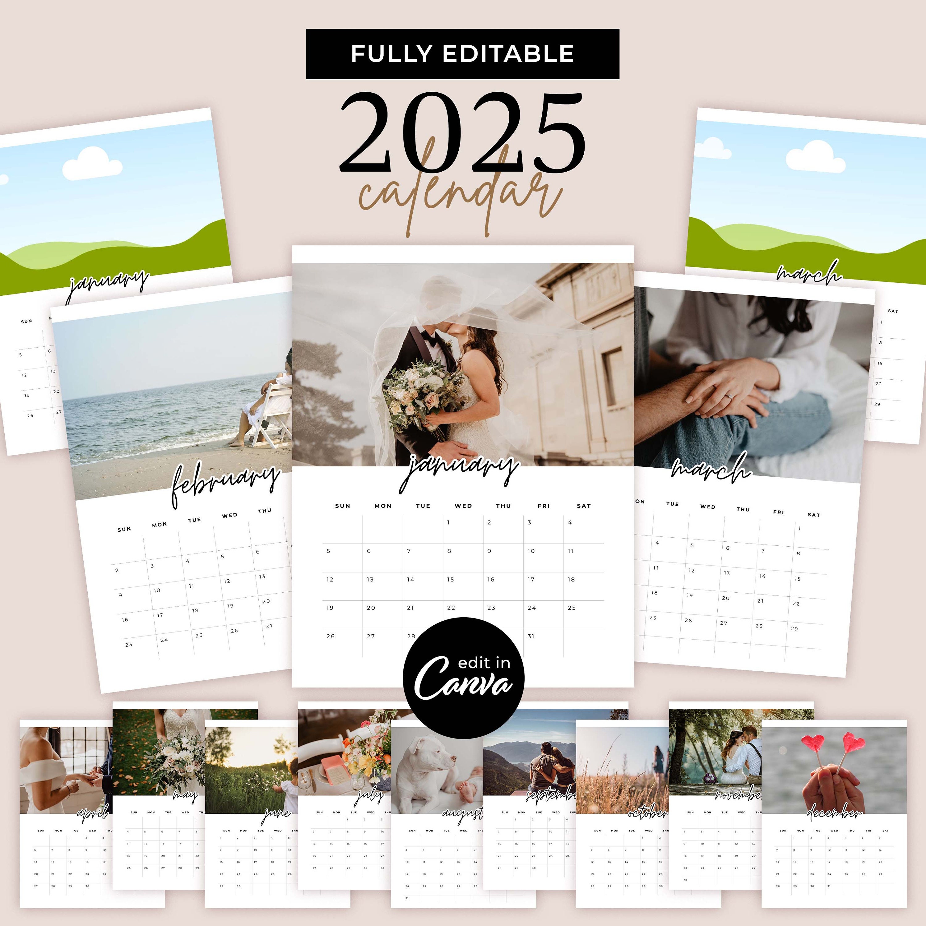 2025 Calendar Template With Photos Easy to Edit Canva Templates ...