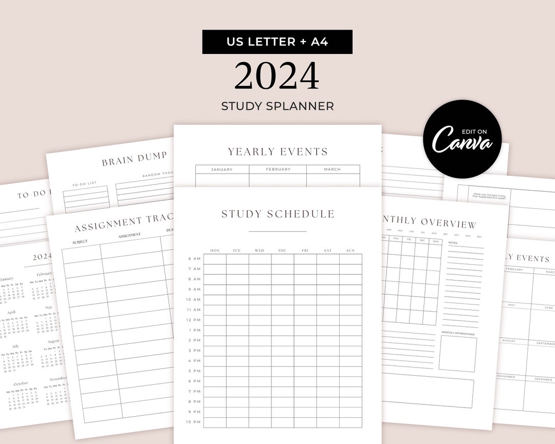 2024 Collage Student Study Planner Editable Printable Yearly Monthly ...