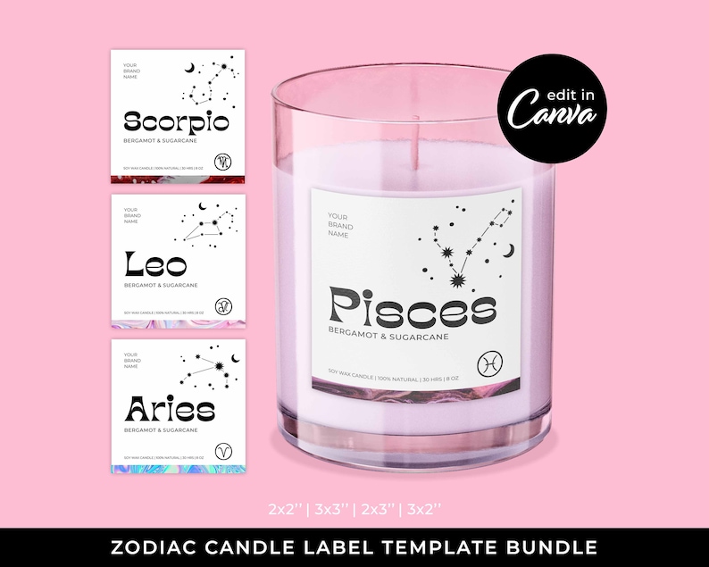 Zodiac Candle Label Template Bundle - Easy to Edit Canva Template ...