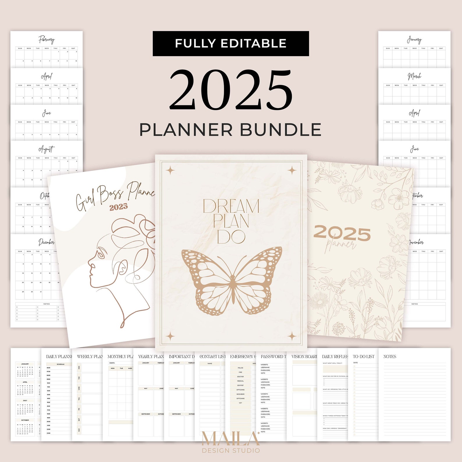 2025 Planner Template in Beige With Extra Covers - Easy to Edit Canva ...