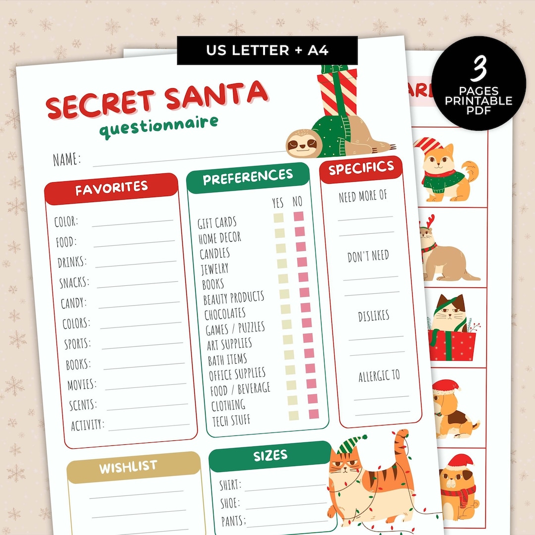 Secret Santa Gift Exchange Questionnaire Form Ready to Print PDF Files ...