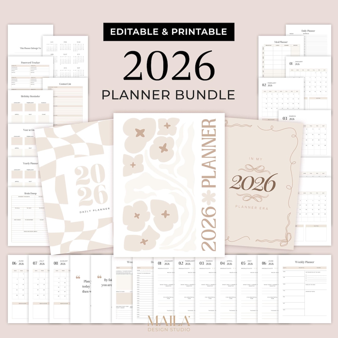 2026 Planner Template in Beige With Extra Covers, Editable Canva ...