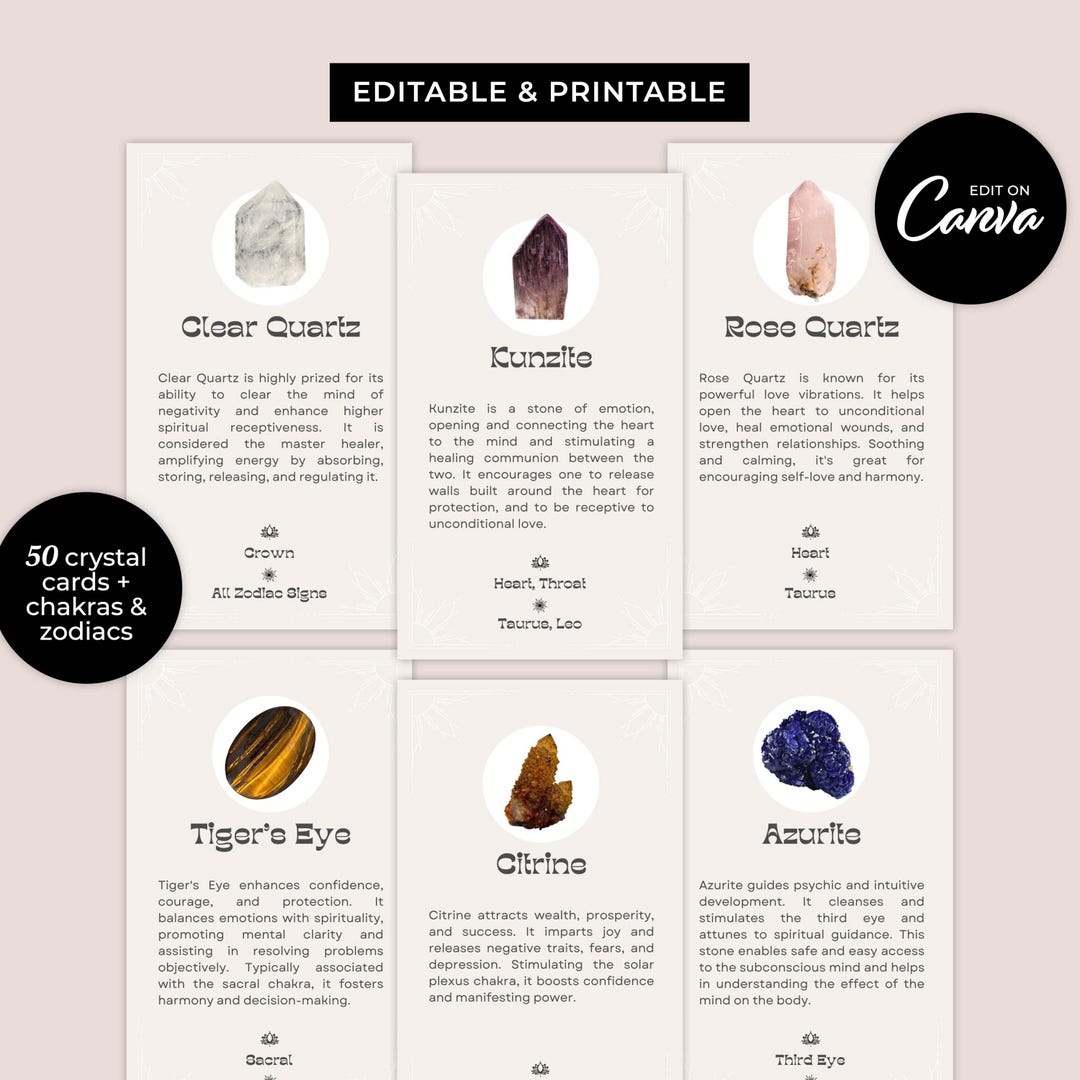 50 Crystal Cards - Easy to Edit Canva Templates - Printable Gemstone ...