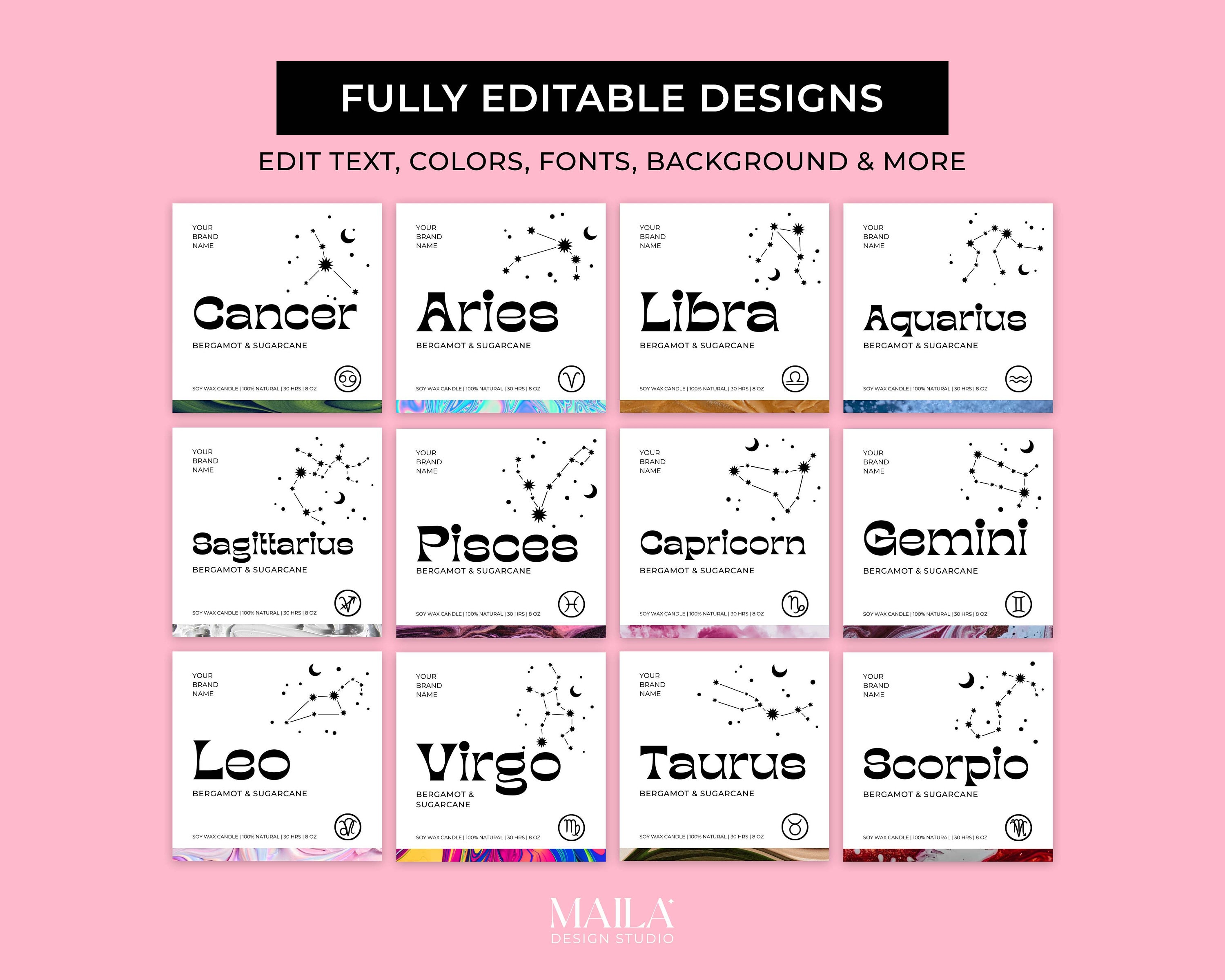 Zodiac Candle Label Template Bundle - Easy to Edit Canva Template ...