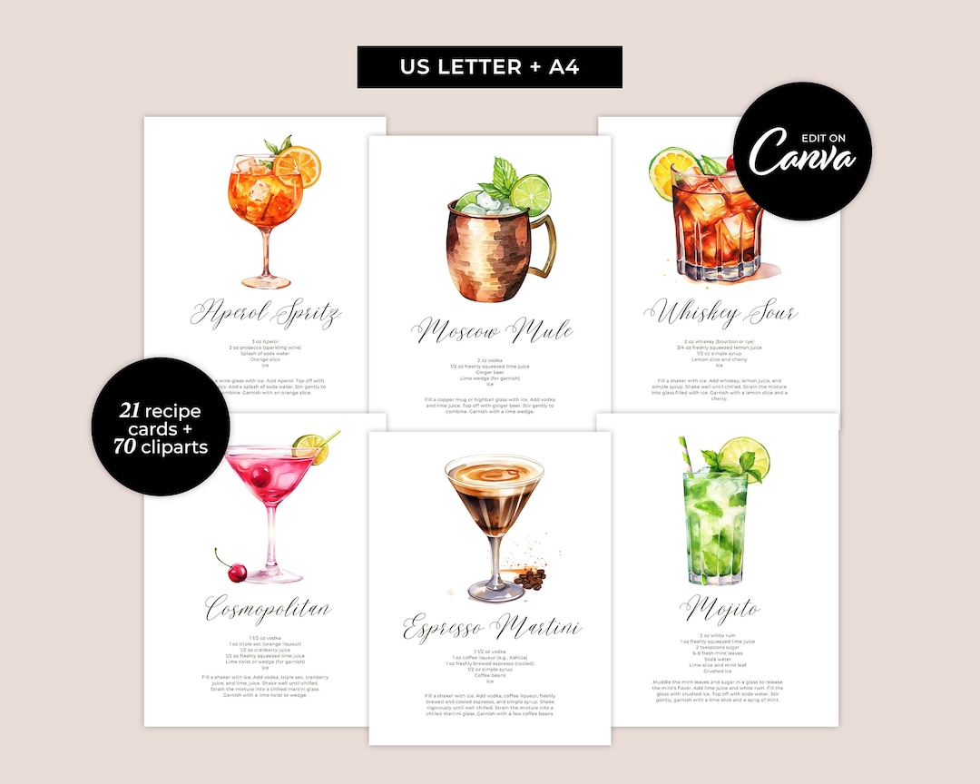 Cocktail Recipe Cards - Easy to Edit Canva Templates - Editable ...