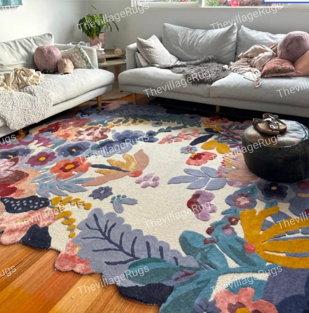Cream Base Colorful Floral Rug Irregular Hand Tufted Rug Handmade Wool ...