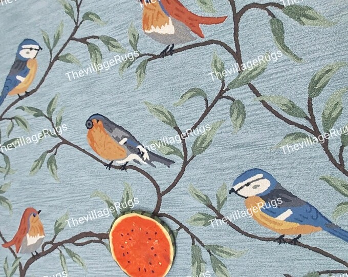 8x10 Ft Birds Navy Blue Area Hand Knotted Rug, Pictorial Rug, Rug for ...