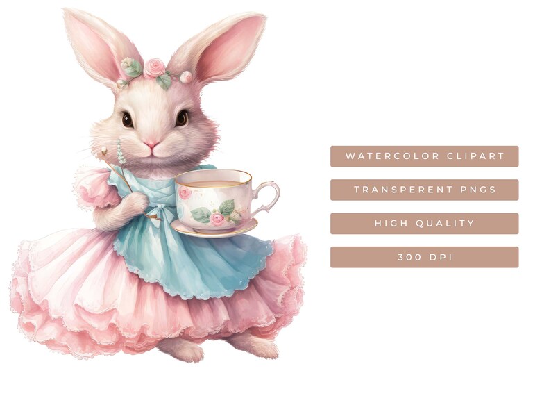 30 Watercolor Bunny Tea Party Clipart Bundle Sublimation Designs ...