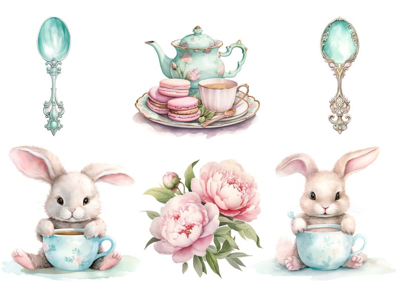 30 Watercolor Bunny Tea Party Clipart Bundle Sublimation Designs ...