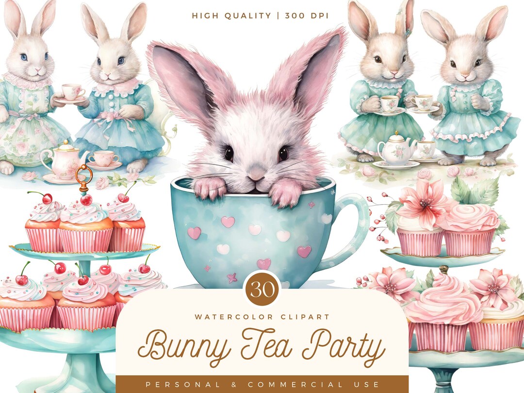 30 Watercolor Bunny Tea Party Clipart Bundle Sublimation Designs ...
