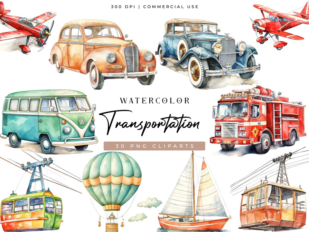 30 Watercolor Transportation Clipart Bundle Clipart Bundle Png Designs ...