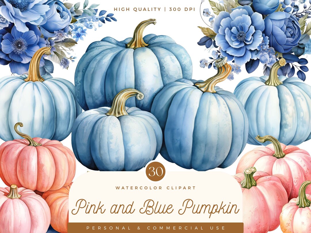 30 Watercolor Pink and Blue Pumpkin Clipart Bundle Png Designs Digital ...