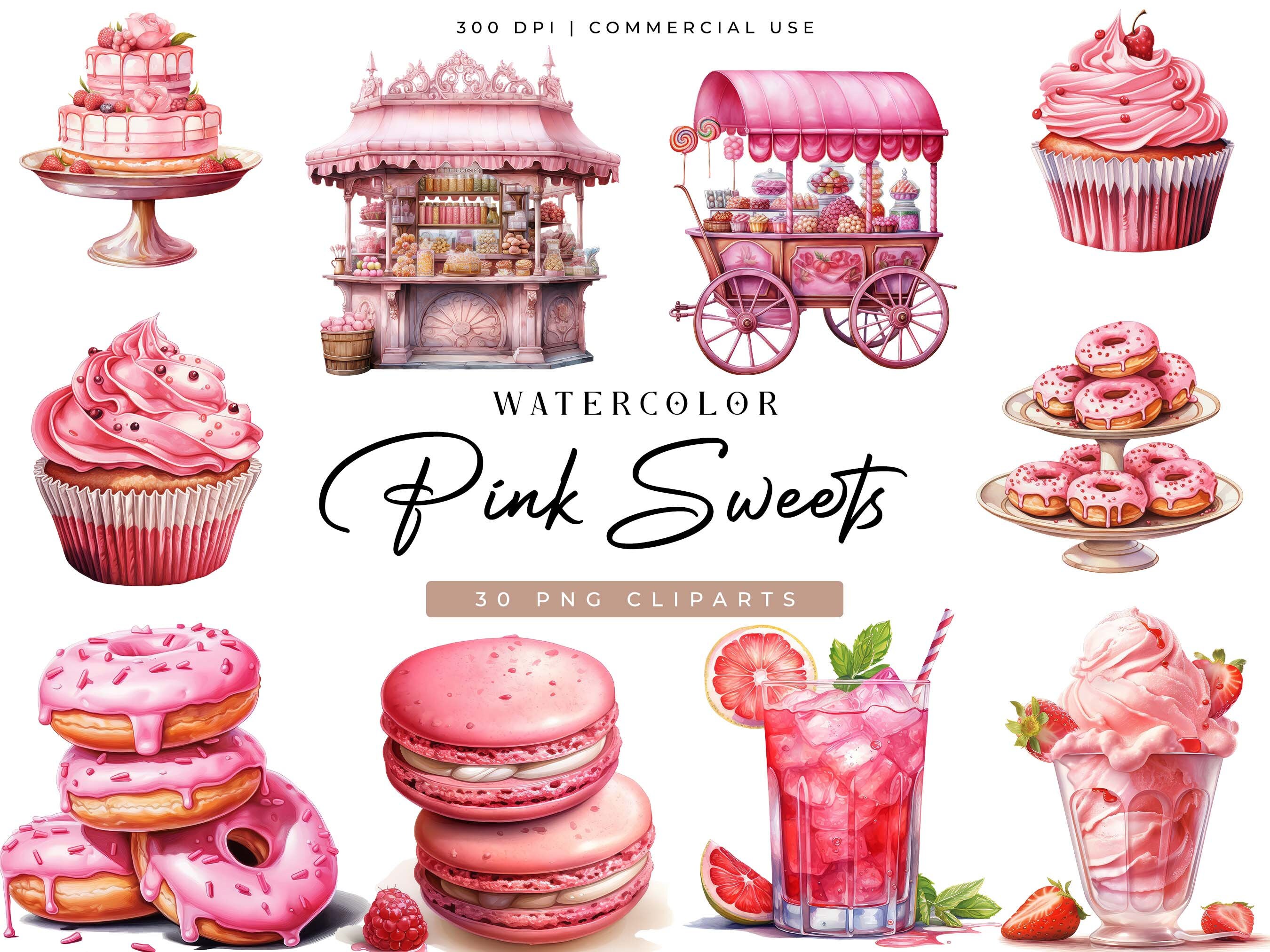 30 Watercolor Pink Sweets Clipart Bundle Digital Download Sublimation ...
