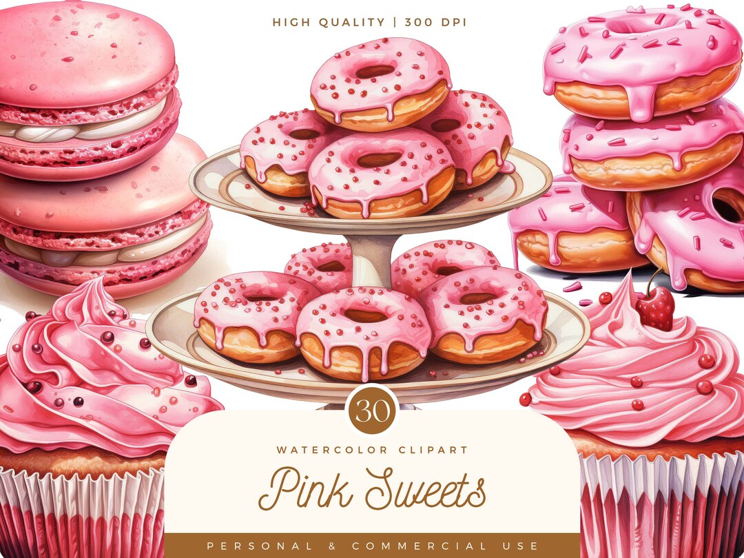 30 Watercolor Pink Sweets Clipart Bundle Digital Download Sublimation ...