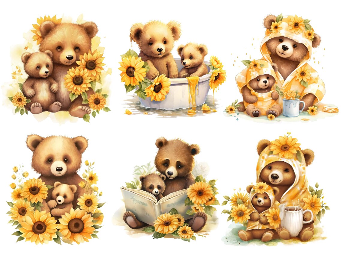30 Watercolor Sunflower Bear Clipart Bundle Sublimation Designs Digital ...