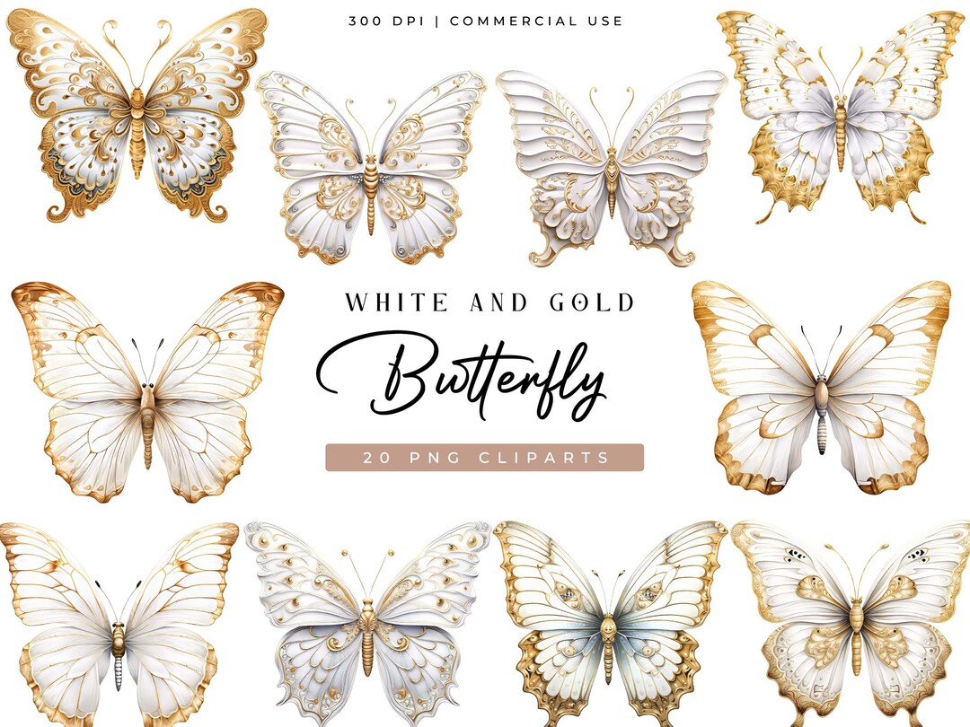20 Watercolor White and Gold Butterfly Clipart Bundle Sublimation ...