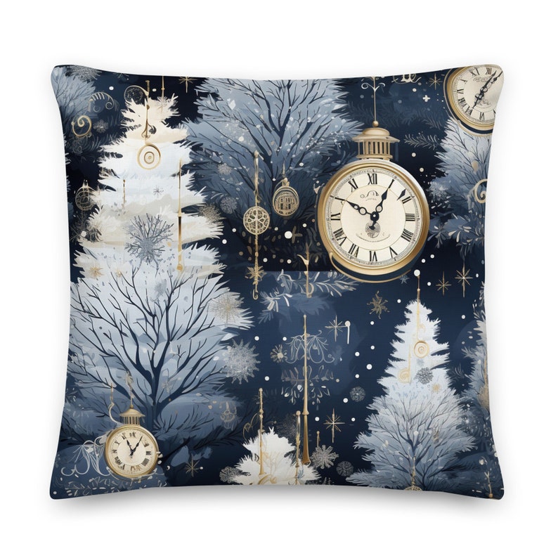 Dark Blue Winter Pillow Winter Trees and Gold Pocket Watches - Etsy
